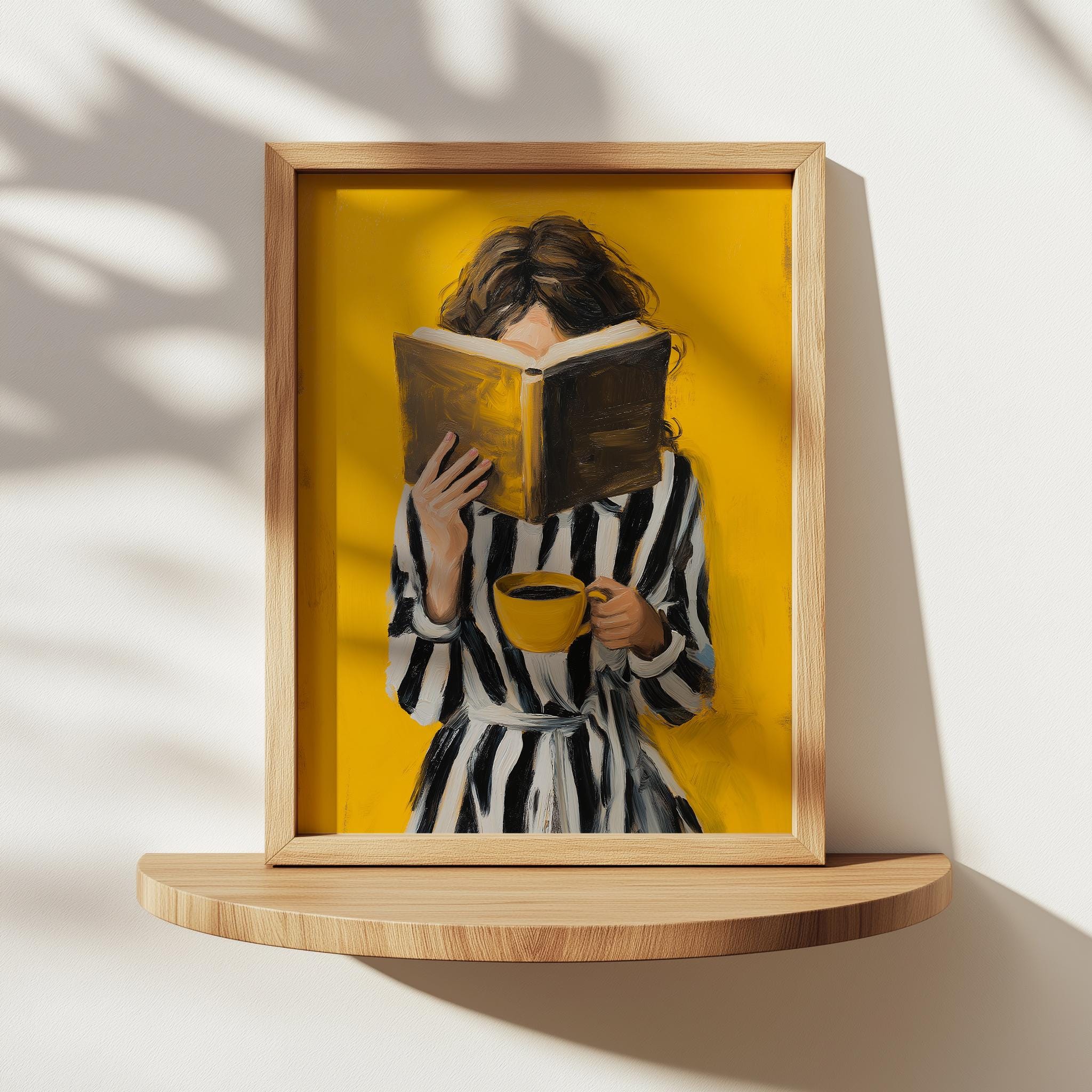 Woman Reading Art Print: Yellow Stripes, Coffee Lover (digital Download ...