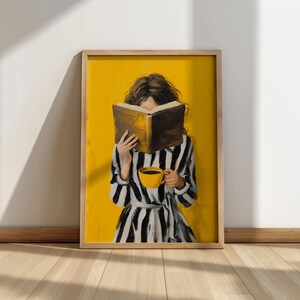 Woman Reading Art Print: Yellow Stripes, Coffee Lover (digital Download ...