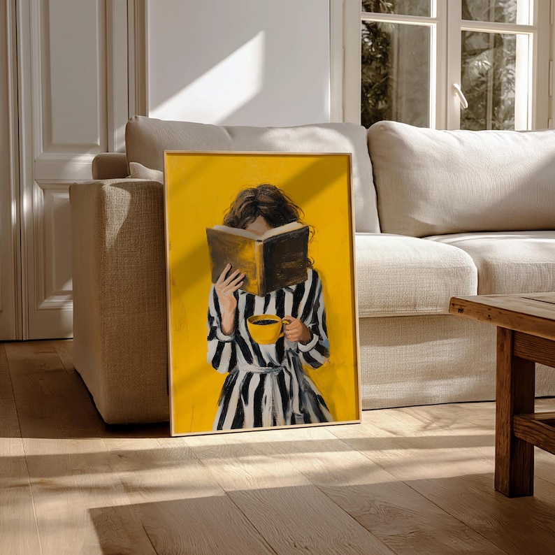 Woman Reading Art Print: Yellow Stripes, Coffee Lover (digital Download ...