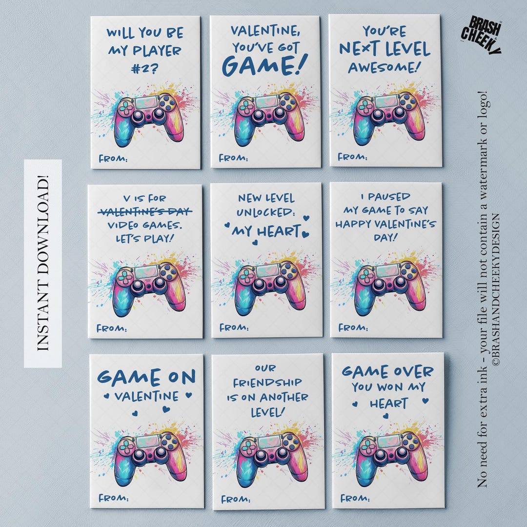 Video Game Controller Valentine Cards, Printable DIY Kids Valentines ...