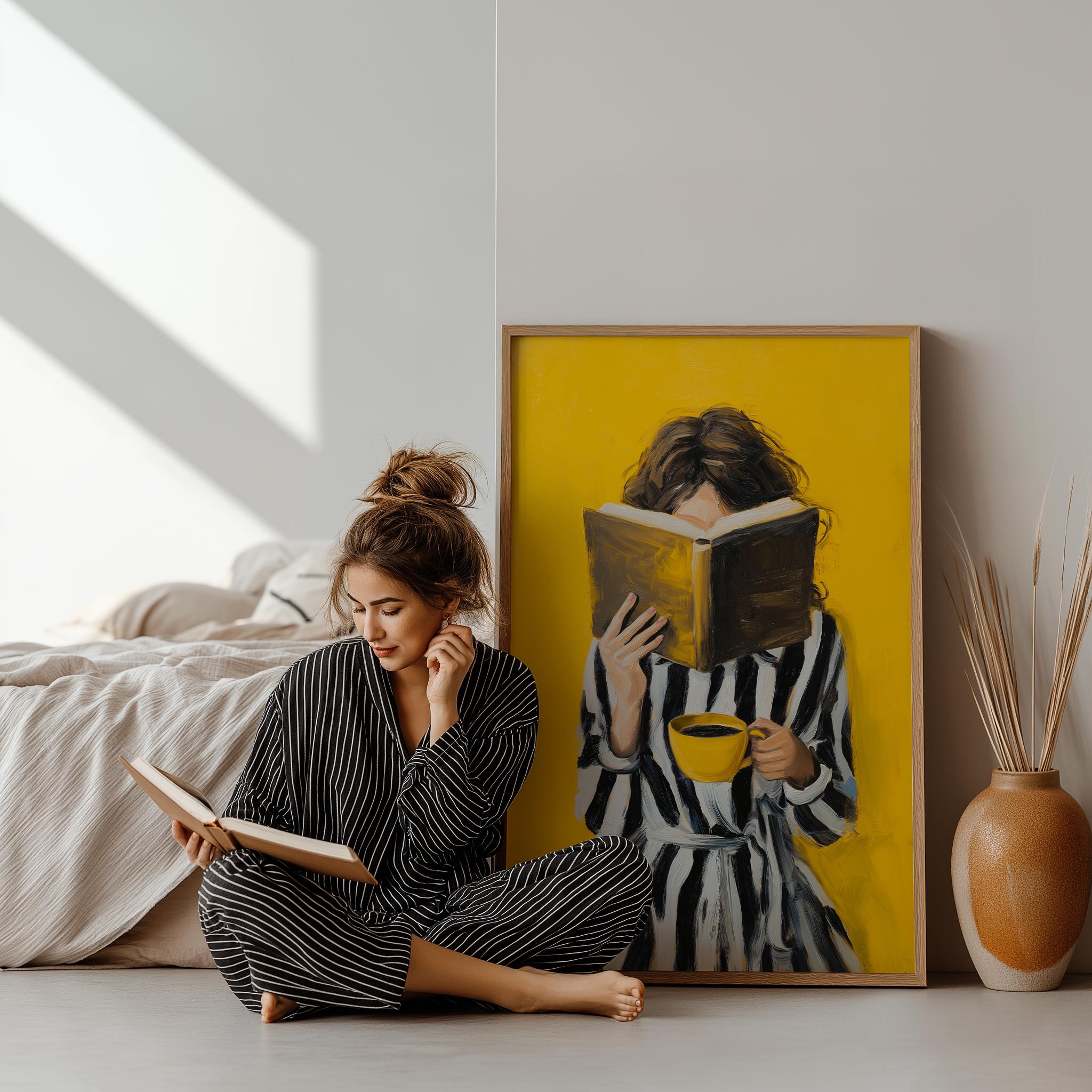 Woman Reading Art Print: Yellow Stripes, Coffee Lover (digital Download ...