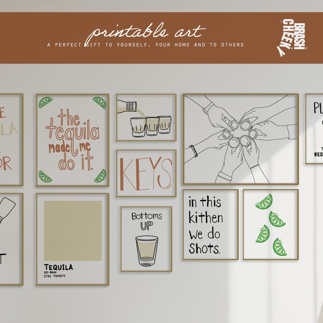 Tequila Collage Kitchen PRINTABLES, 11 Hand-drawn Tequila Digital ...