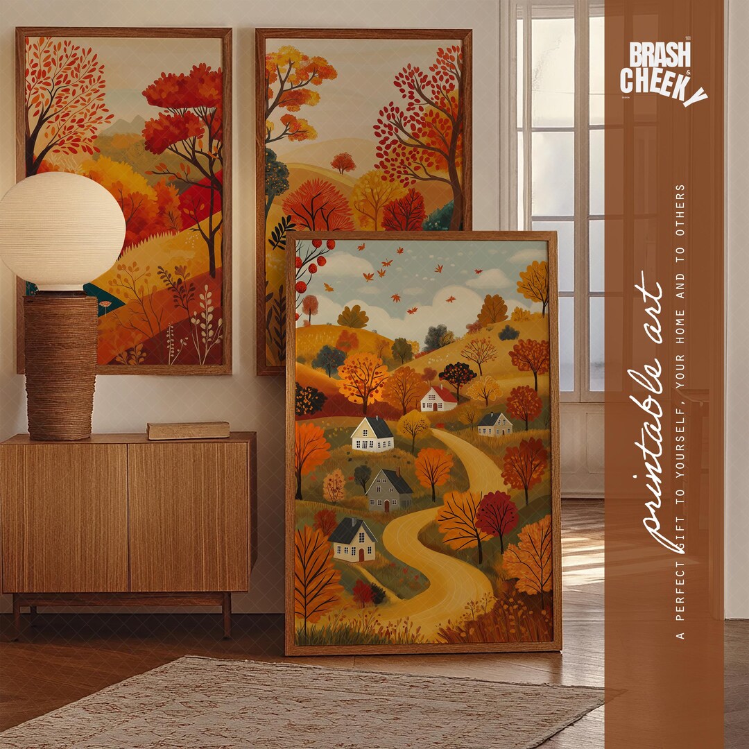 Fall Folk Art PRINTABLES, Triptych Autumn Hills Town Folk Art Digital ...