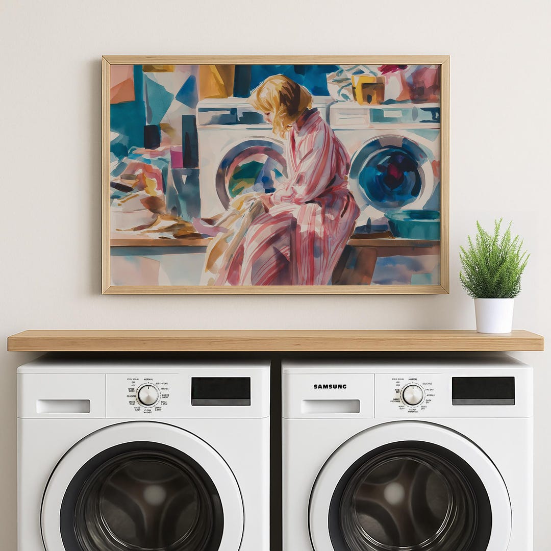 Watercolor Laundry Room Art: Woman Doing Laundry Printable (digital ...
