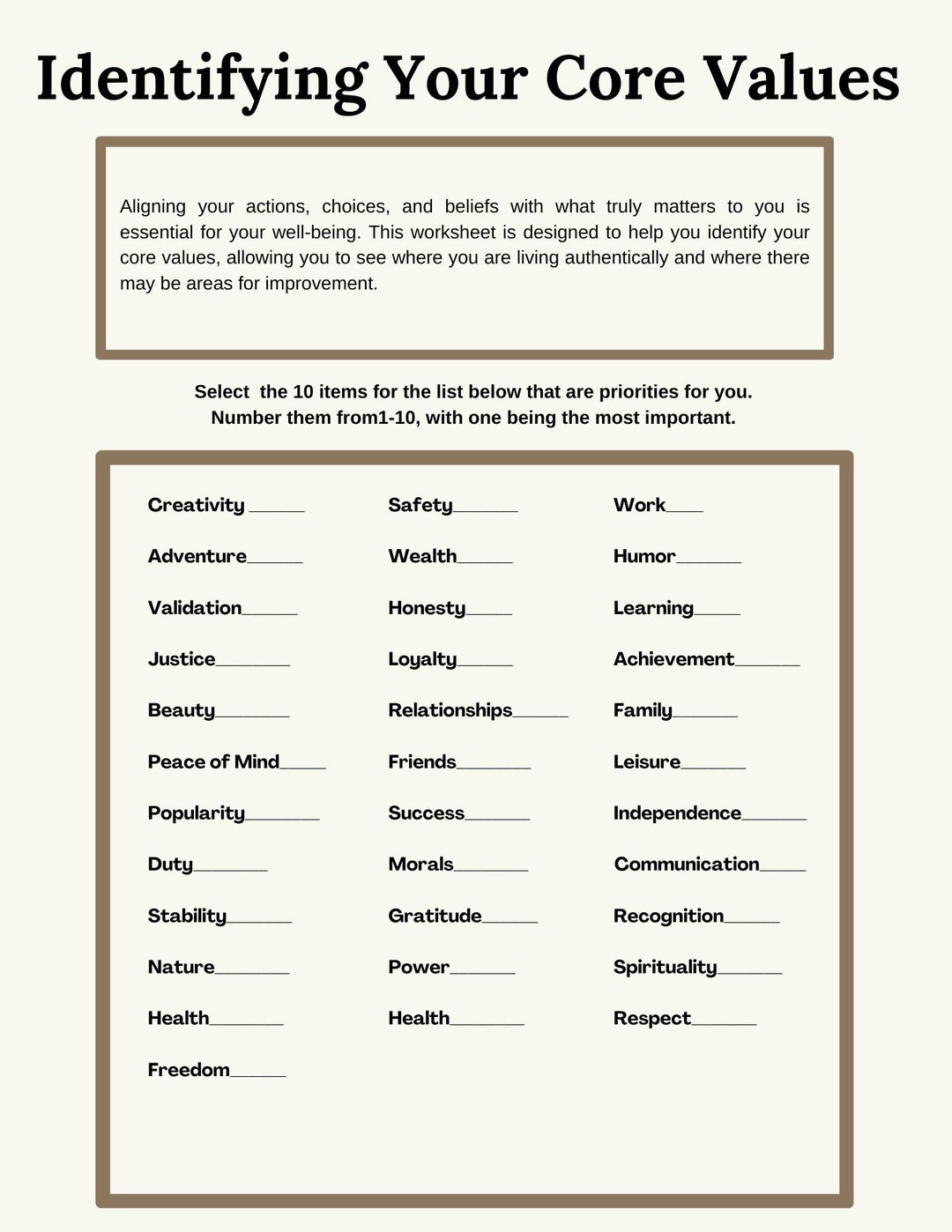 Identifying Your Core Values Worksheet - Etsy