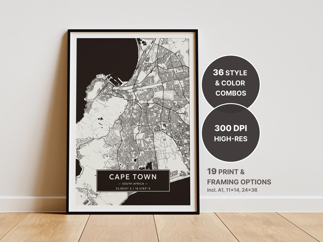 Cape Town Map Print, B&W Map Wall Art, Printable City Map, Framed City ...