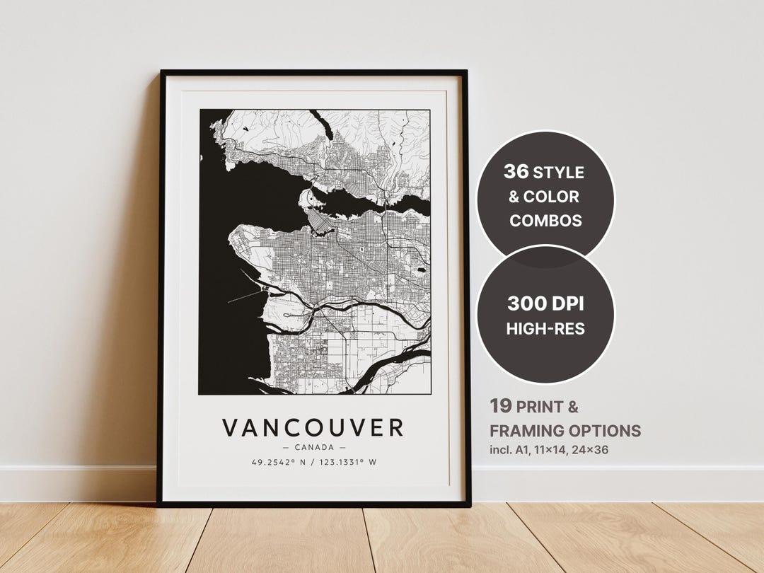 Vancouver Map Print, B&W Map Wall Art, Printable City Map, Framed City ...