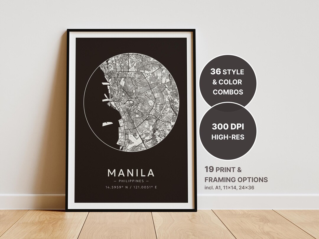 Manila Map Print, B&W - Map Wall Art, Printable City Map, Framed City ...