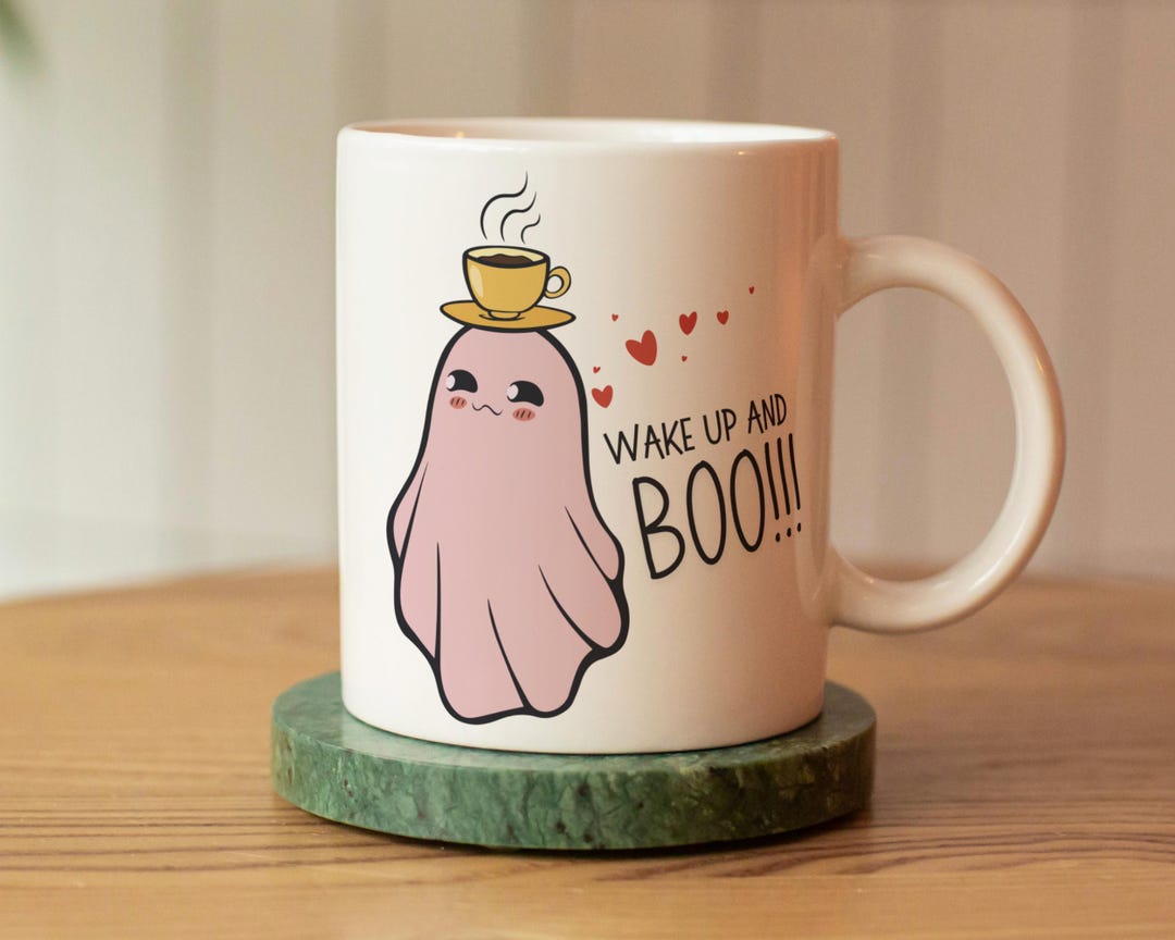 Wake up and Boo, Ghost White Ceramic Mug (11oz), Pink and Orange Colors ...