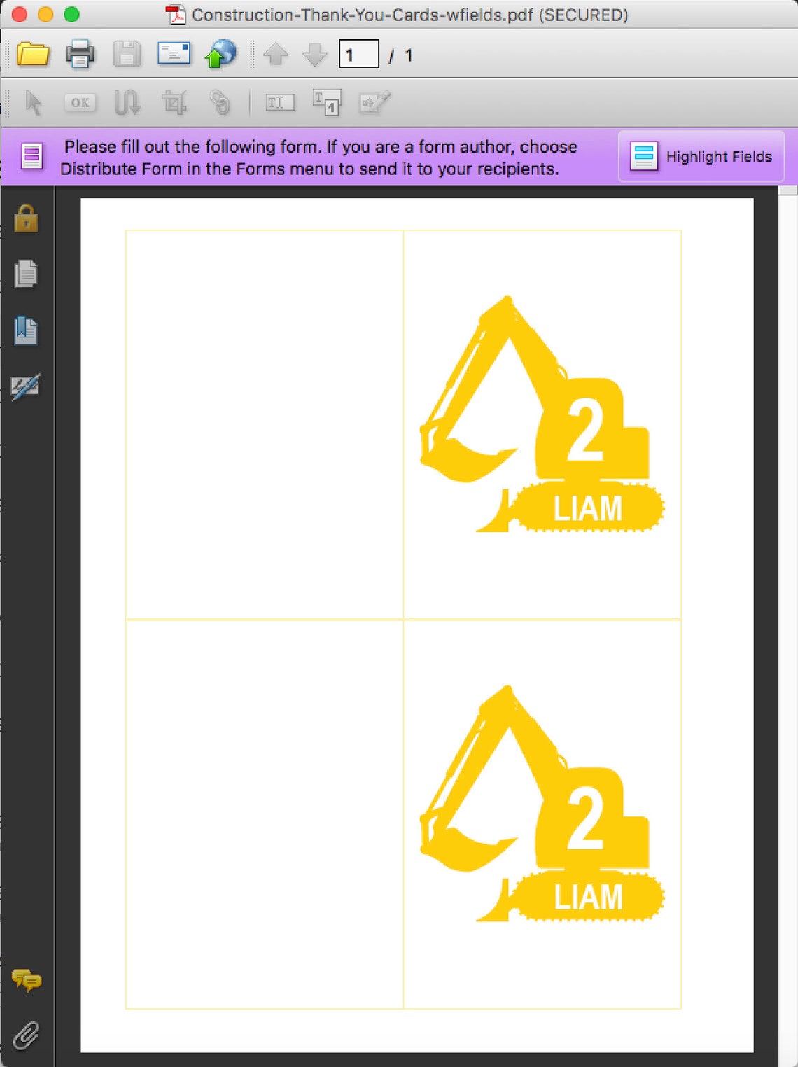 Construction Thank You Card Printable | Construction Birthday Party ...