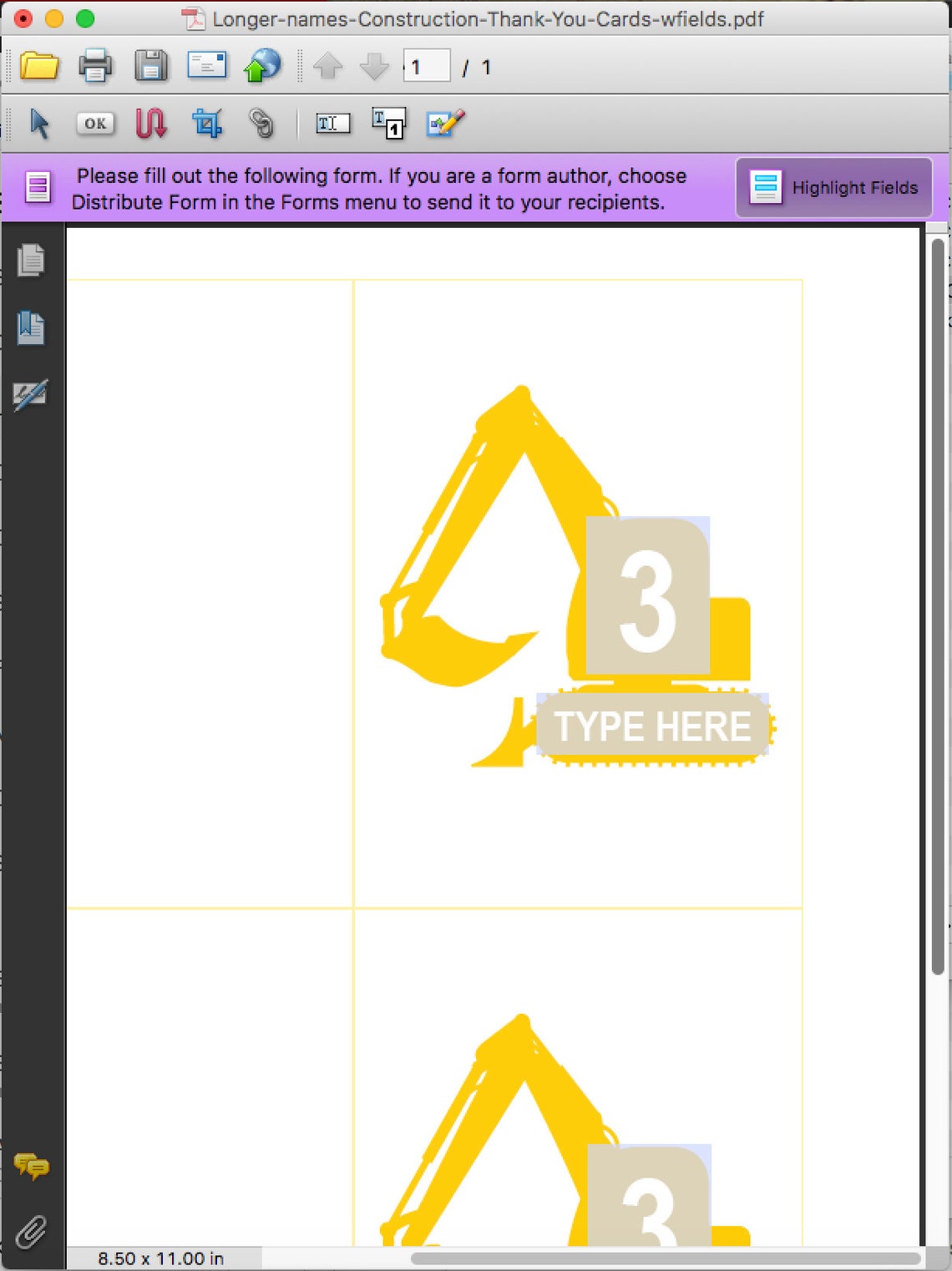 Construction Thank You Card Printable | Construction Birthday Party ...