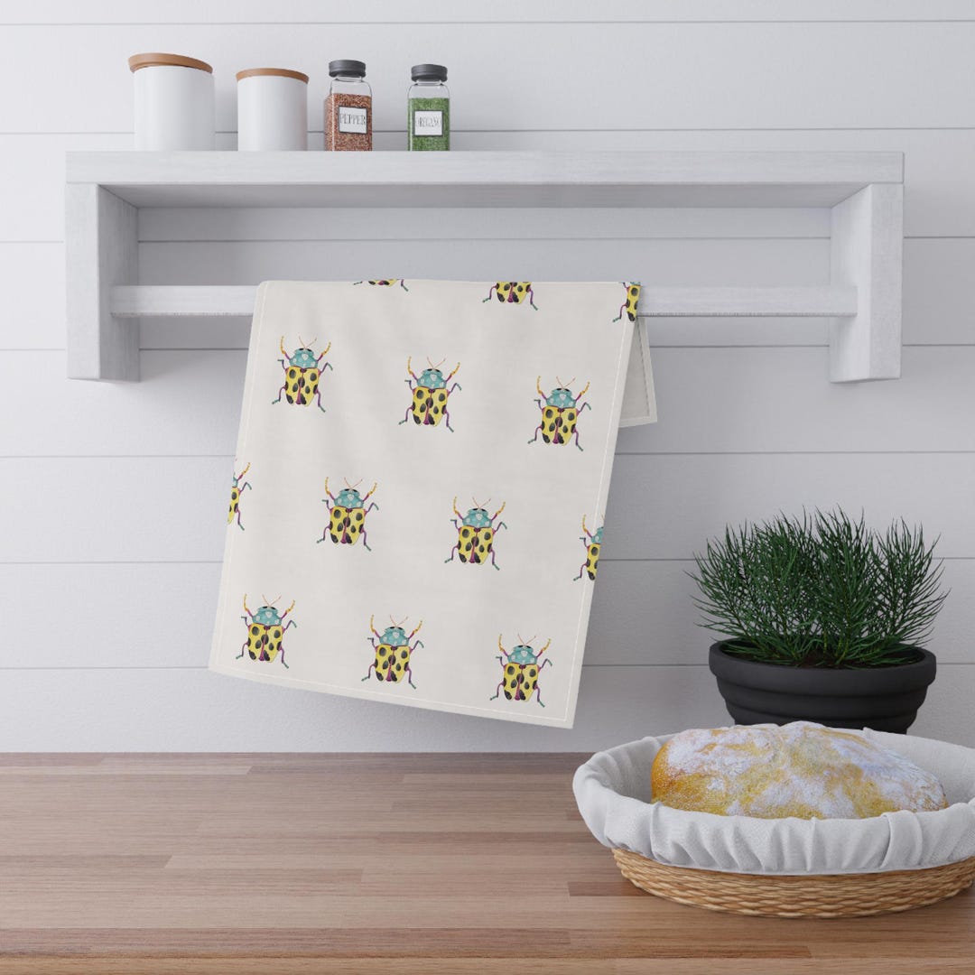 Beetle Tea Towels, Bright Watercolor Design, Quirky Kitchen Towel, Unique Pop of Color Home ...
