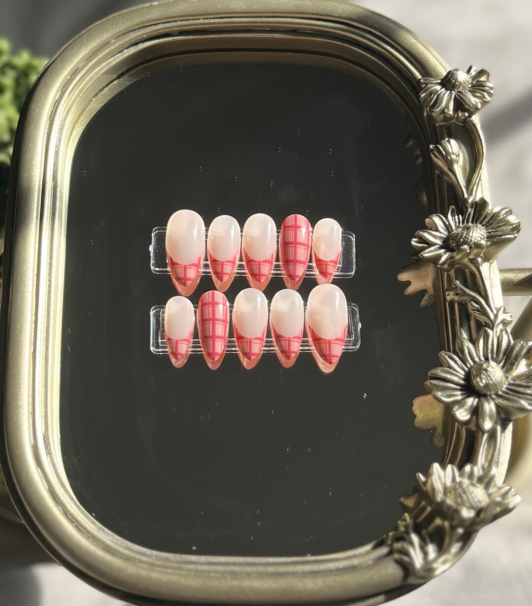 Pink Plaid French Tip Press-on Nail Set | Pink Press-ons | Pink Plaid ...