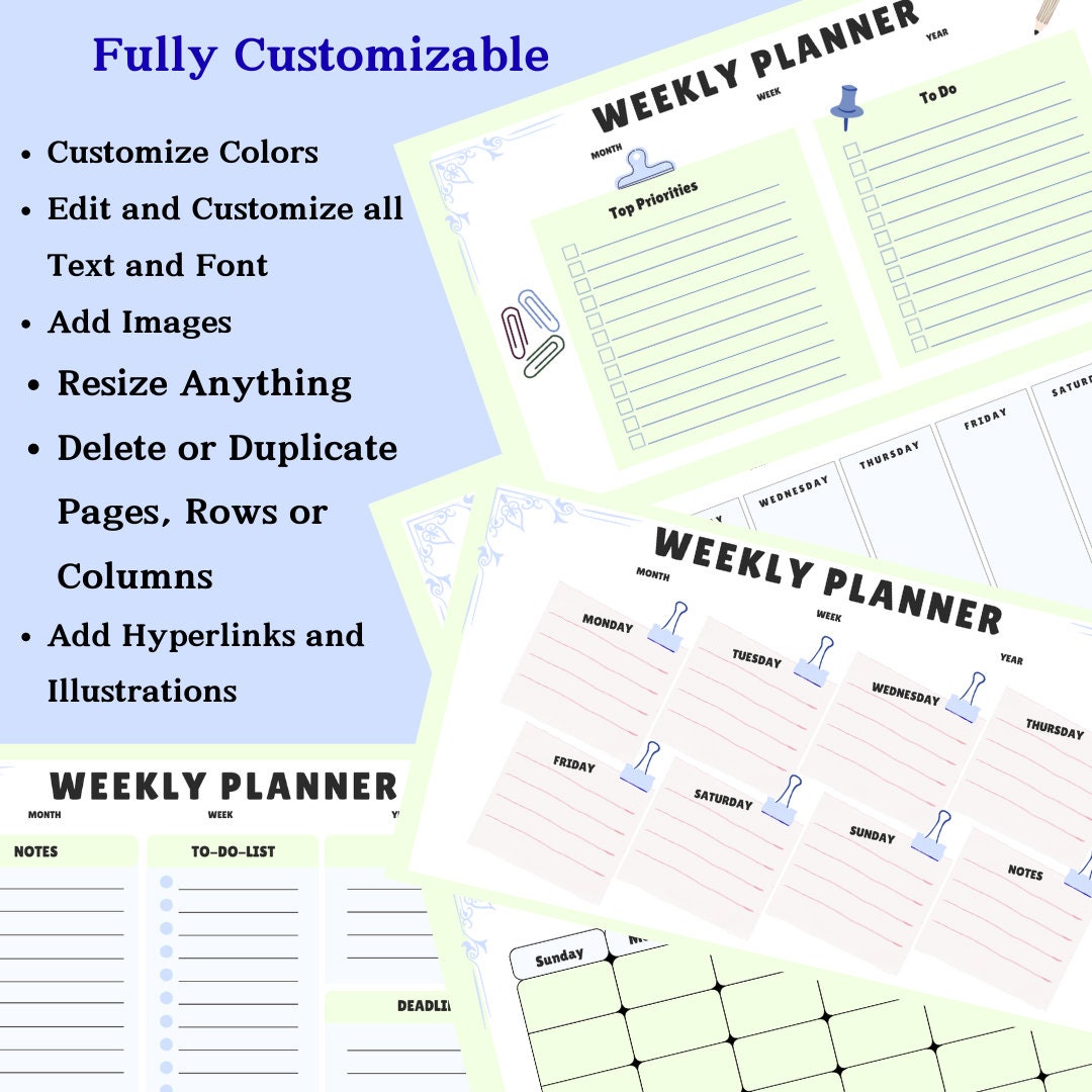 Weekly Planner Bundle Editable Template 32 Pages - Etsy