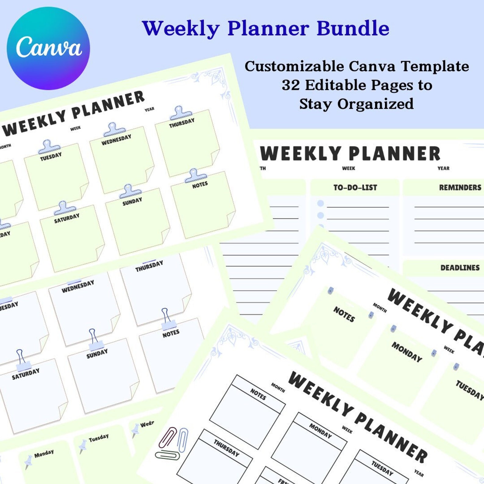 Weekly Planner Bundle Editable Template 32 Pages - Etsy