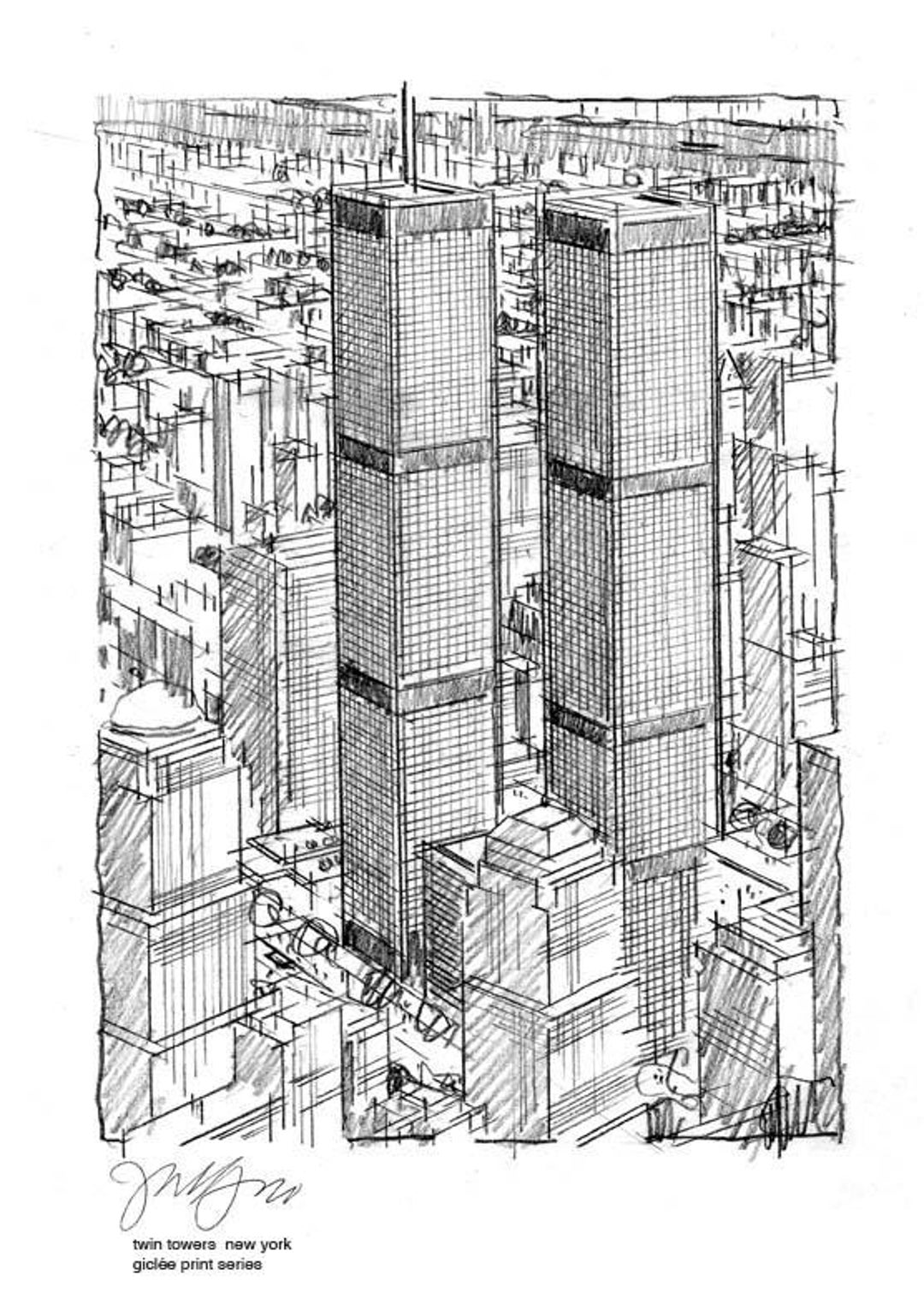 Twin Towers Drawing Framed - Etsy