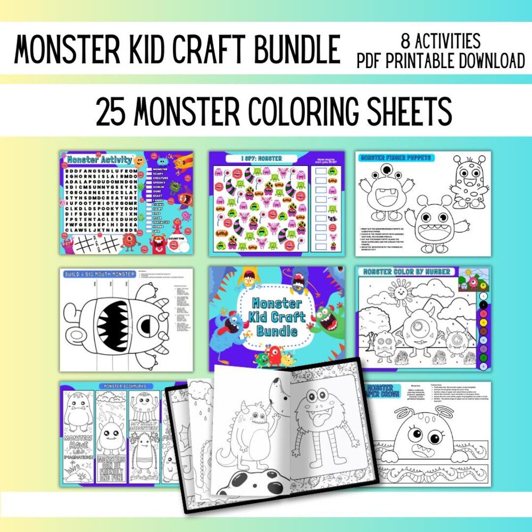 Monster Kid Craft Bundle, Coloring Pages, Puppets, Crown (PDF Pattern ...