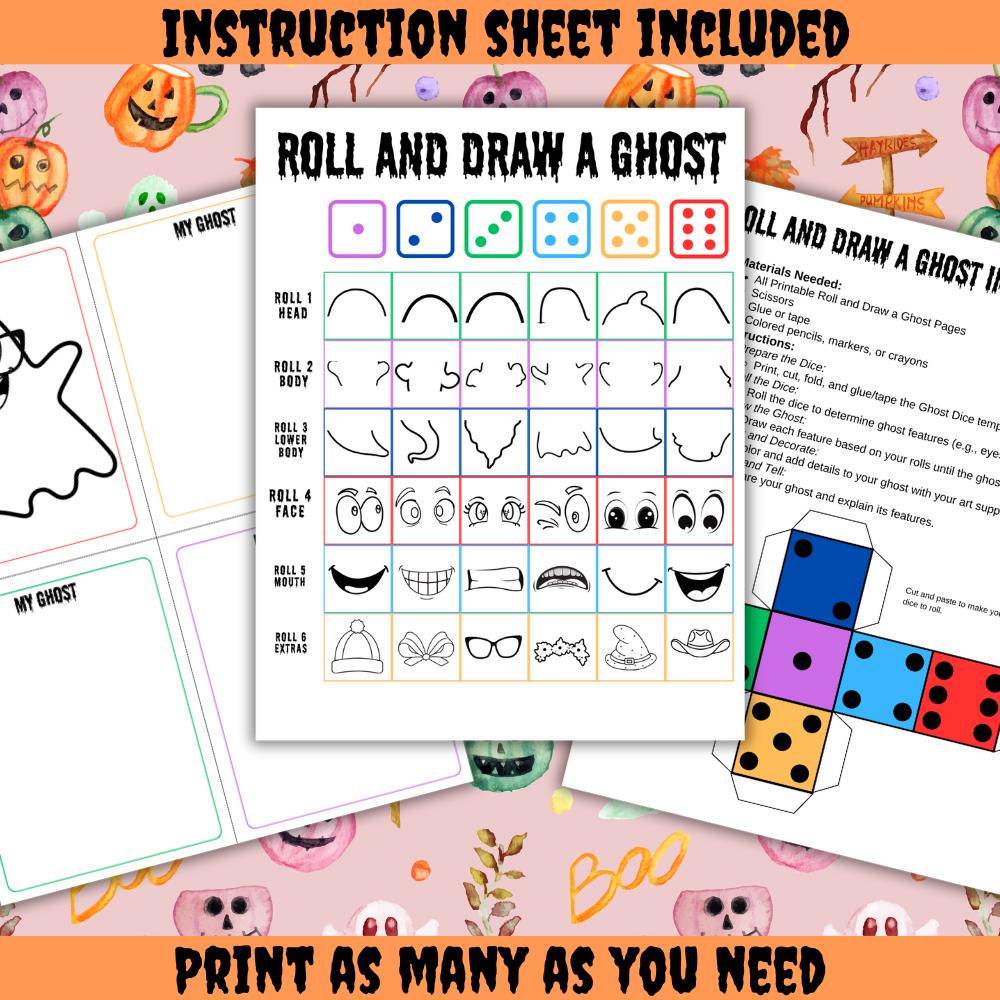 Roll and Draw a Cute Ghost Game Halloween Printable Activity DIY Ghost ...
