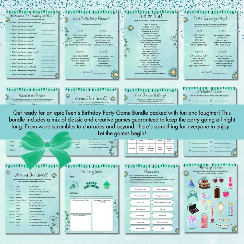 Teen Birthday Party Game Bundle ,printable Games , Green Theme, Trivia ...