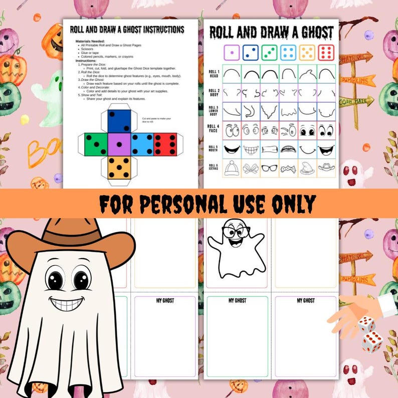 Roll and Draw a Cute Ghost Game Halloween Printable Activity DIY Ghost ...