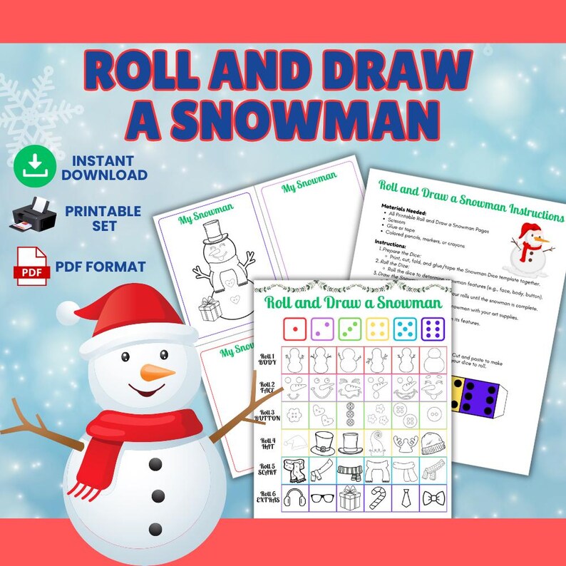 Roll and Draw a Cute Snowman Game - Christmas Printable Activity - DIY ...