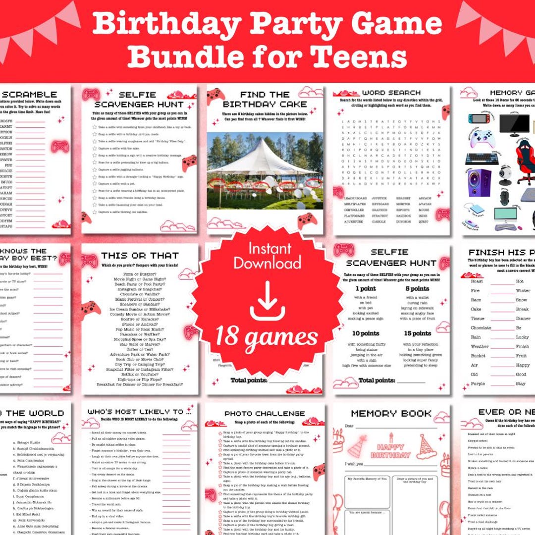Teen Birthday Party Game Bundle ,printable Games , Red Theme, Trivia ...