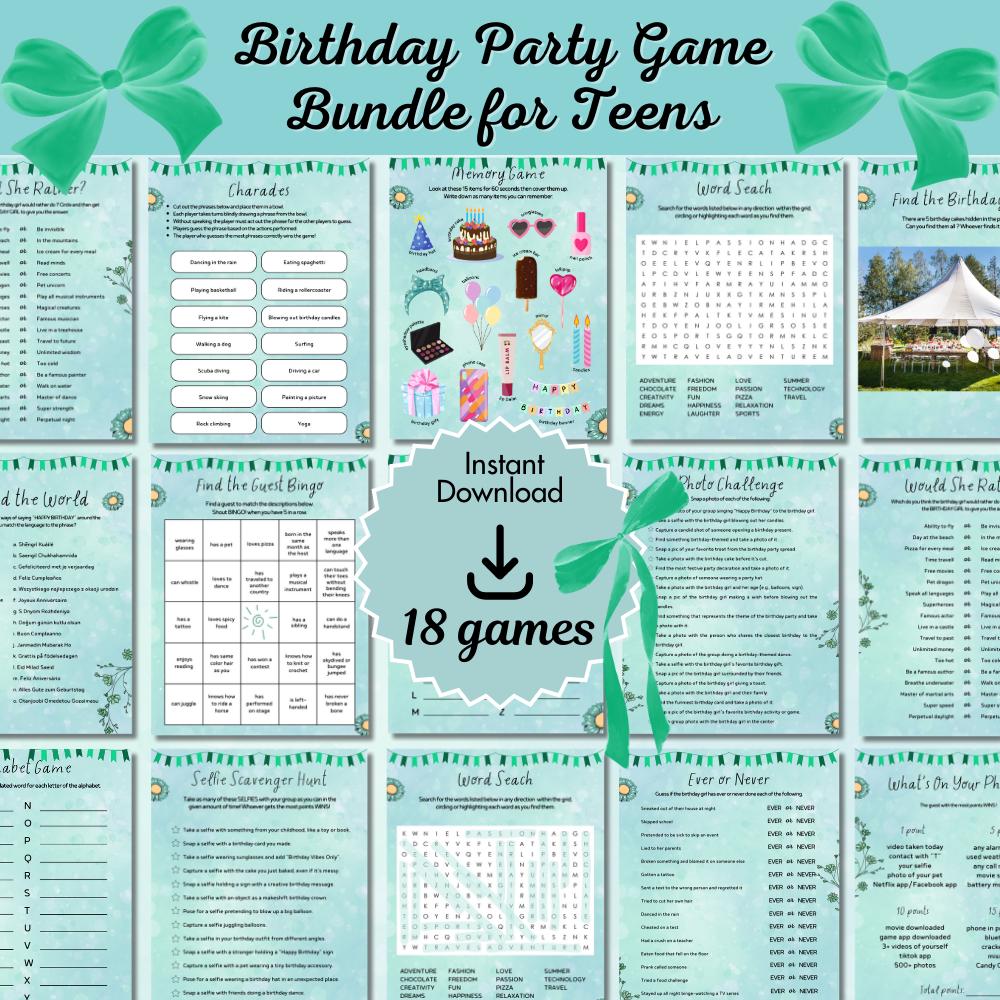 Teen Birthday Party Game Bundle ,printable Games , Green Theme, Trivia ...