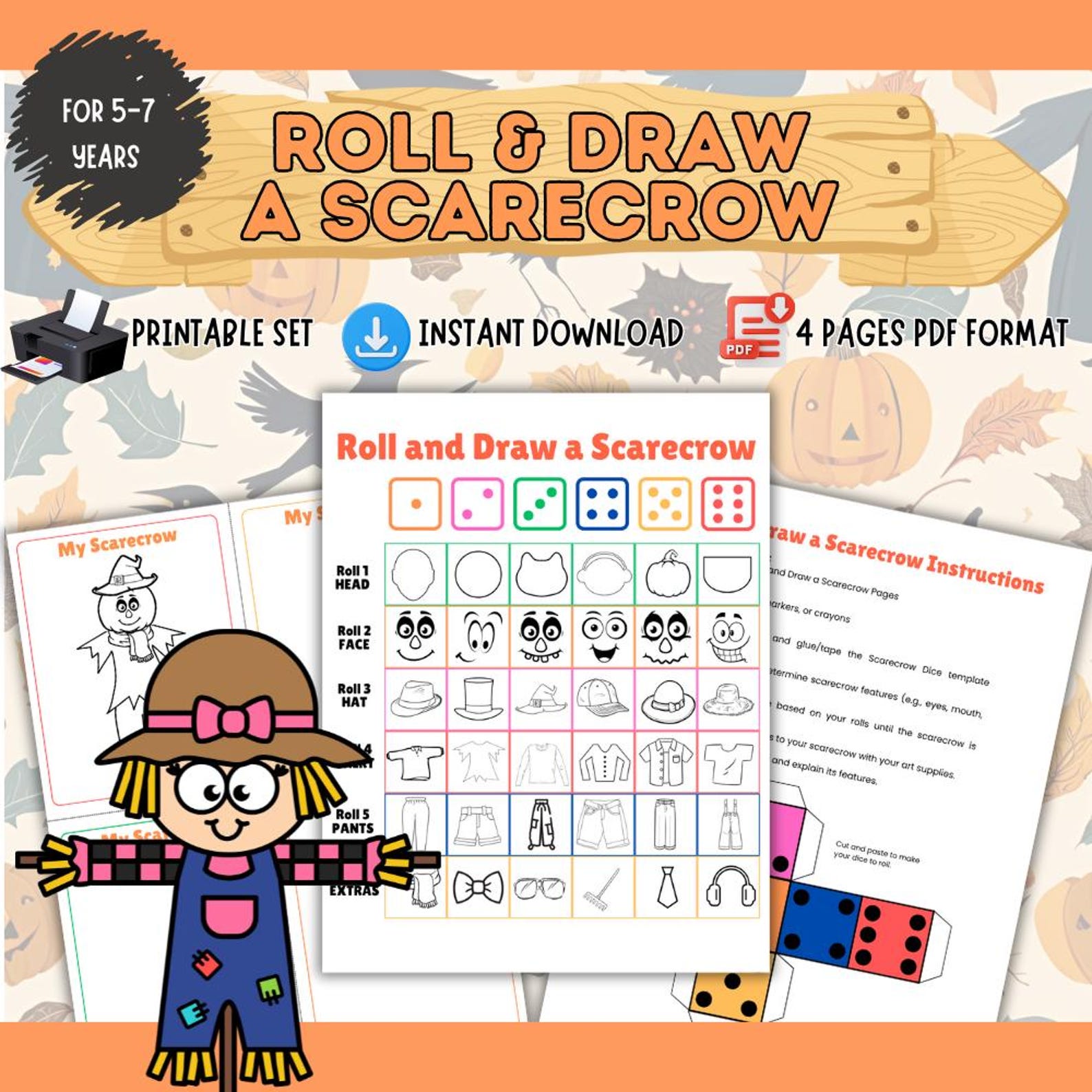Roll and Draw a Scarecrow Game Halloween Printable Activity DIY ...