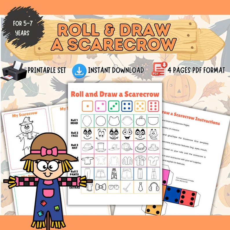 Roll and Draw a Scarecrow Game Halloween Printable Activity DIY ...