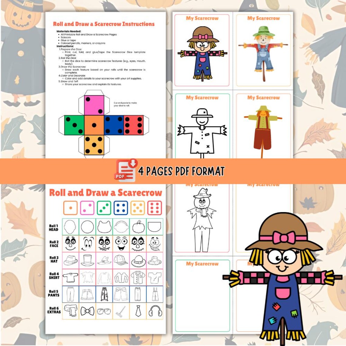 Roll and Draw a Scarecrow Game Halloween Printable Activity DIY ...