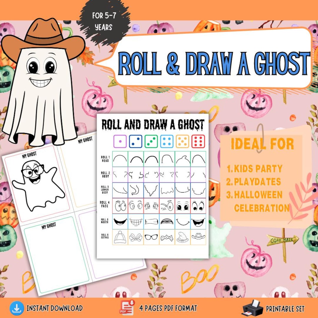 Roll and Draw a Cute Ghost Game Halloween Printable Activity DIY Ghost ...
