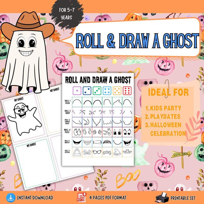 Roll and Draw a Cute Ghost Game Halloween Printable Activity DIY Ghost ...