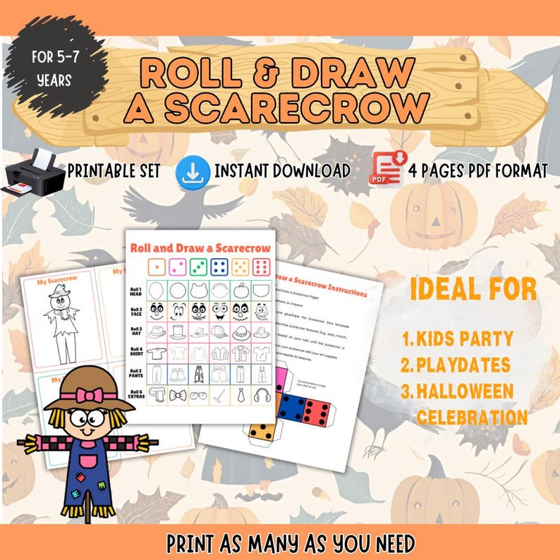 Roll and Draw a Scarecrow Game Halloween Printable Activity DIY ...