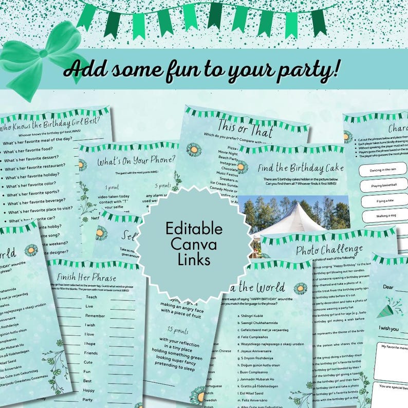 Teen Birthday Party Game Bundle ,printable Games , Green Theme, Trivia ...