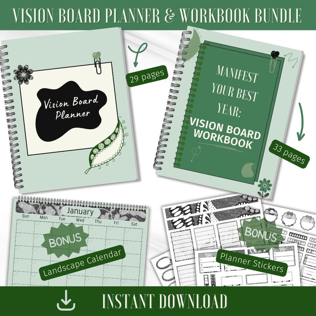 Vision Board Planner, Workbook Bundle, Undated Monthly Calendar, Habit ...