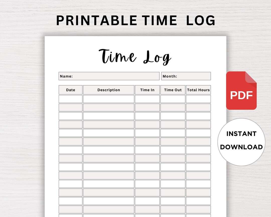 Printable Time Sheet Log, Project Time Log, Task Time Log, Time Log ...