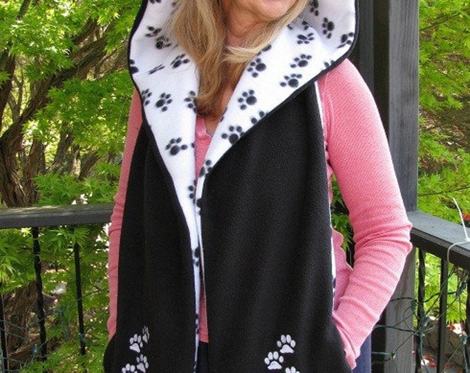 Paw Print Hooded Scarf With Pockets - Black and White - Etsy