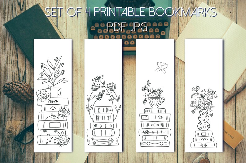 Book Stack Digital Printable Coloring Bookmarks, With Wildflowers, Book ...