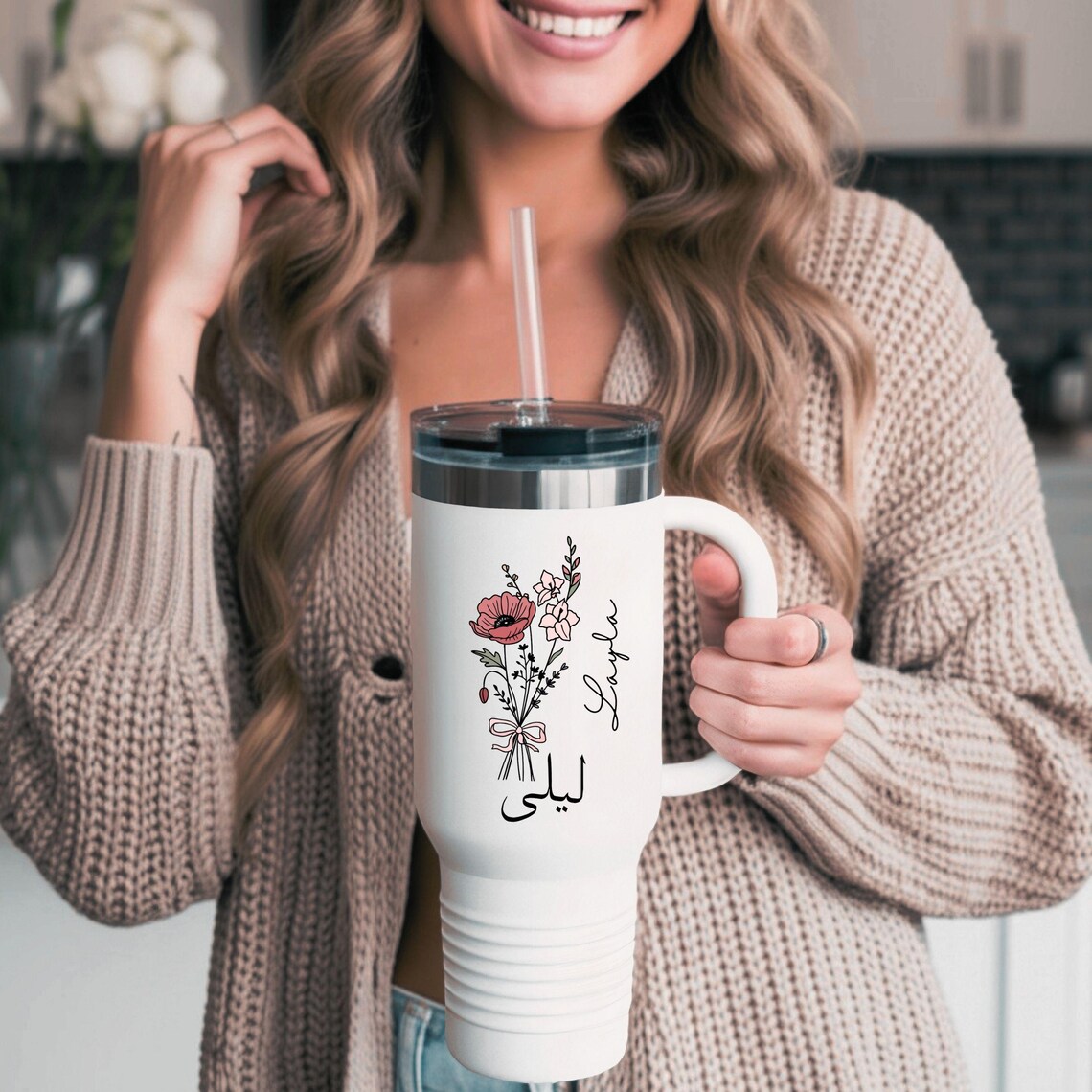 Custom Arabic Name Birth Flower Tumbler, Personalized Islamic Nikkah ...