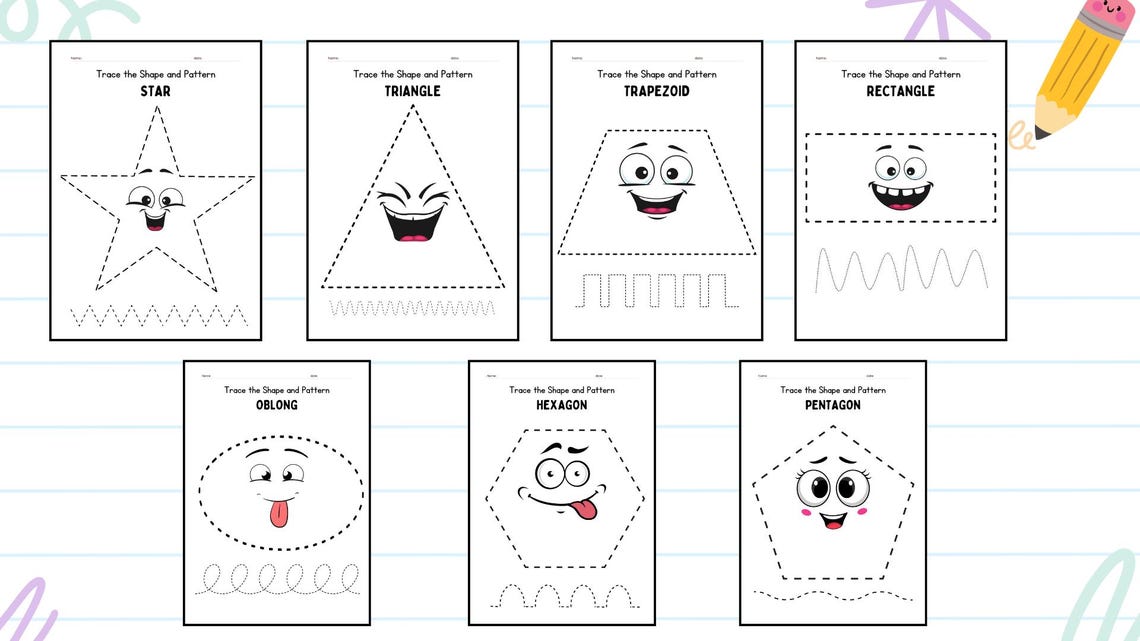 20 Pages Fun Shape Tracing, Preschool Shape Tracing, Basic Shape ...