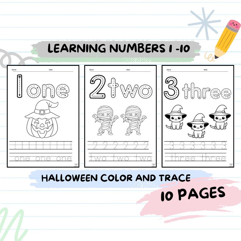 Halloween Counting, 1-10 Number Tracing, Preschool Worksheet Printable ...
