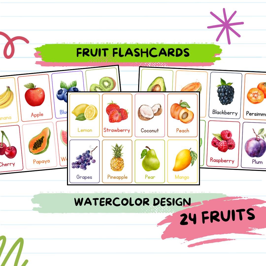 24 Fruit Flashcards, Watercolor Fruit Flashcards, Learning Fruits ...
