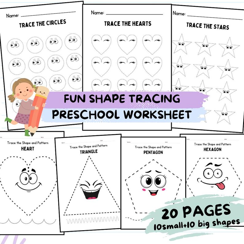 20 Pages Fun Shape Tracing, Preschool Shape Tracing, Basic Shape ...