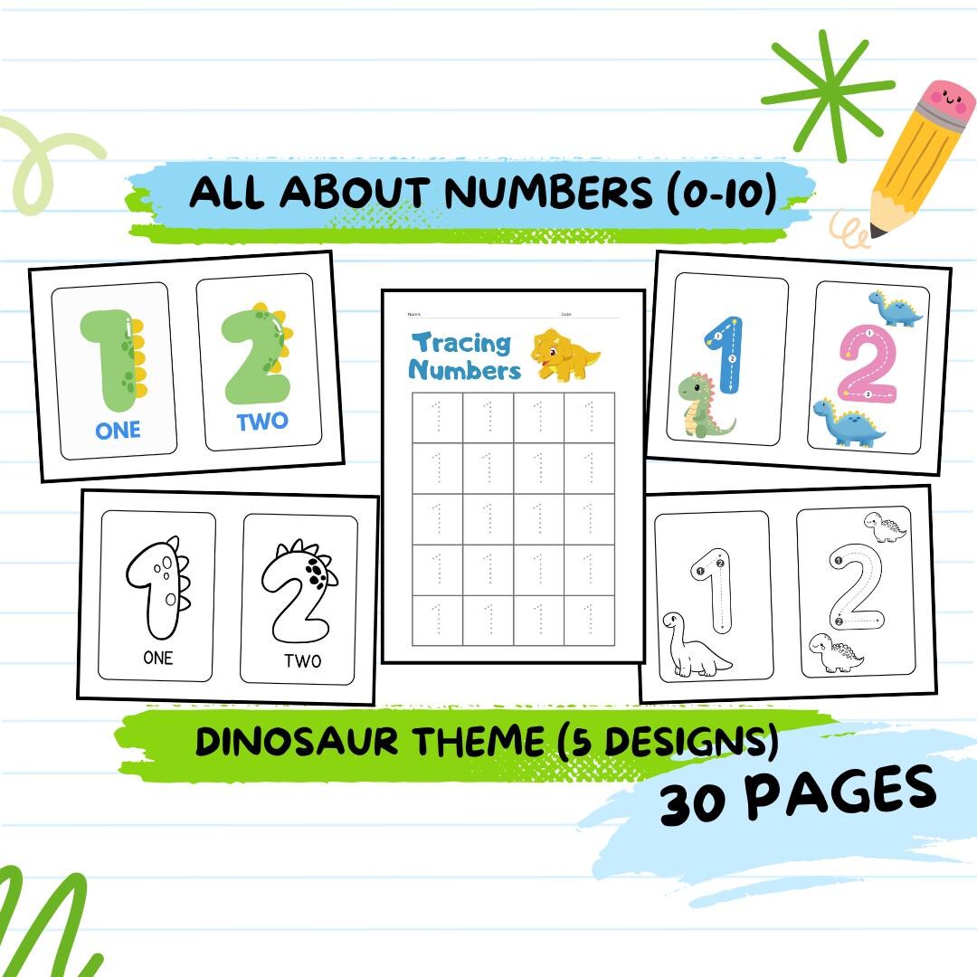 30 Pages Number Tracing Worksheet, Dinosaur Number Flashcards, Dinosaur ...