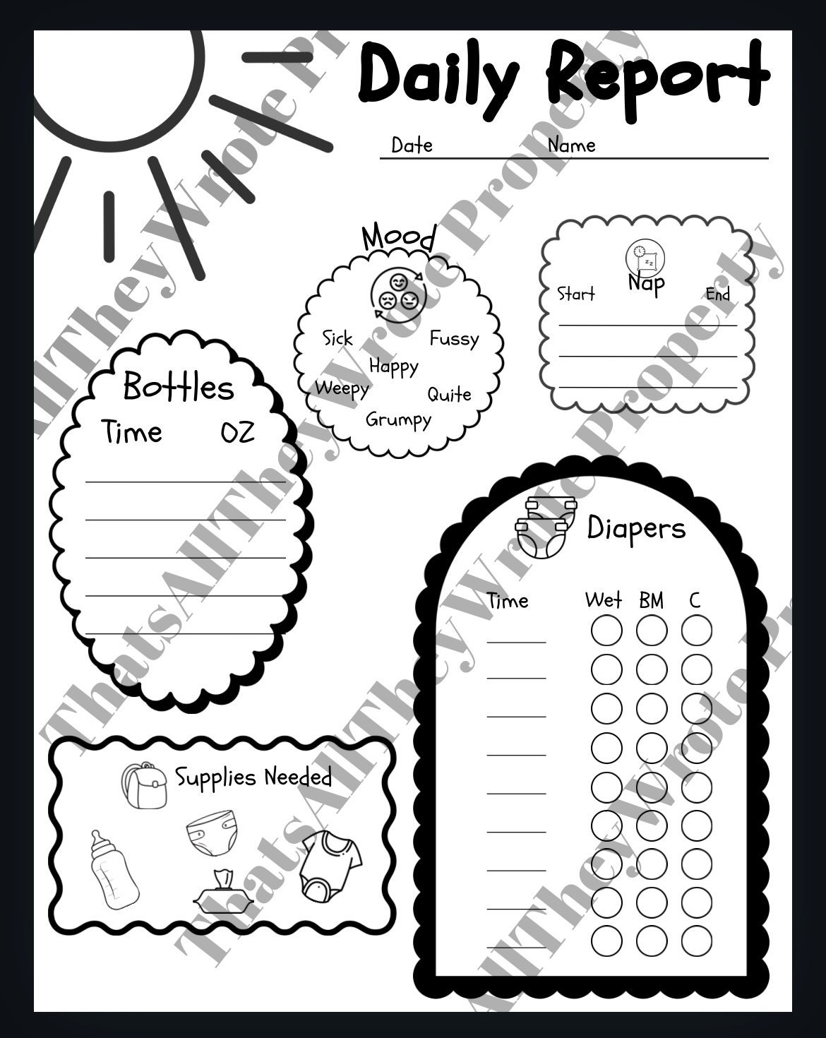 Infant Child Care Daily Sheets, Color and in Black and White. - Etsy