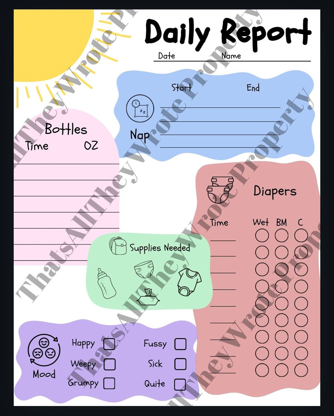 Infant Child Care Daily Sheets, Color and in Black and White. - Etsy