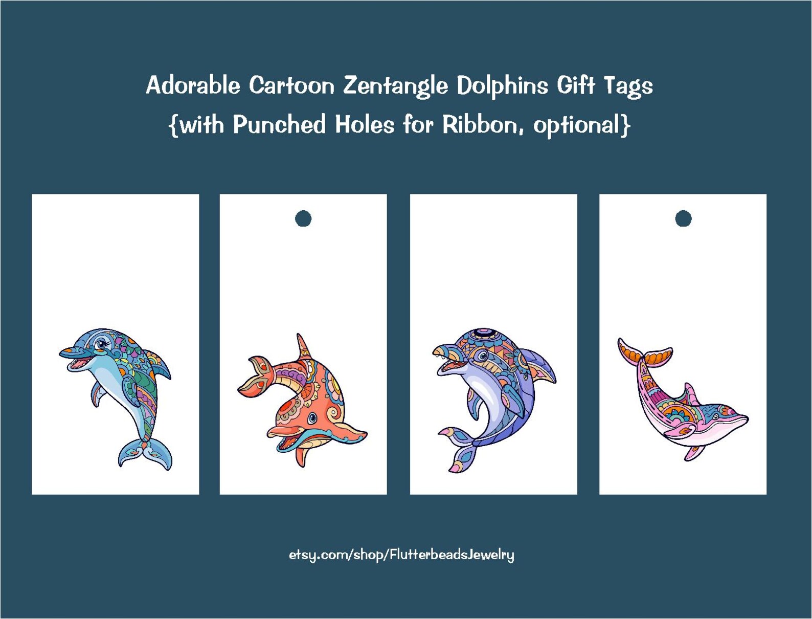 Adorable Cartoon Zentangle Dolphins Gift Tags, Four Different Dolphins ...
