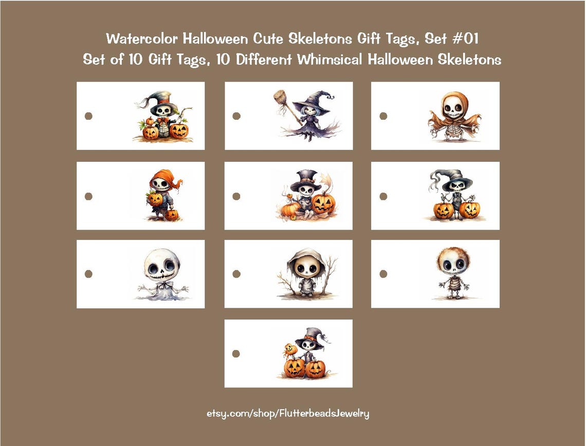 Watercolor Cute Skeletons Halloween Gift Tags Set #01, Party Gift Tags ...