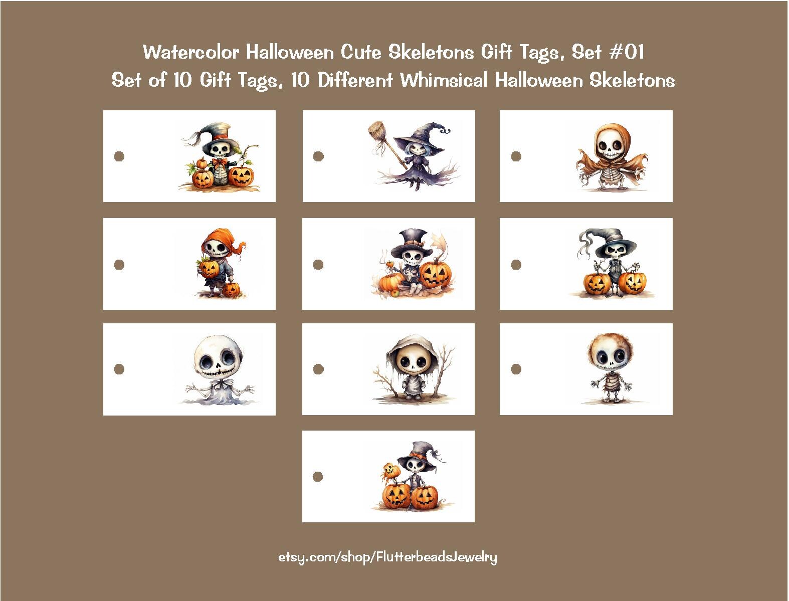 Watercolor Cute Skeletons Halloween Gift Tags Set #01, Party Gift Tags ...