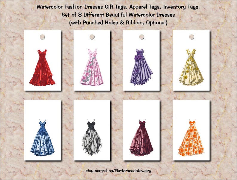 Watercolor Fashion Dresses Gift Tags, Apparel Inventory Tags, 8 ...